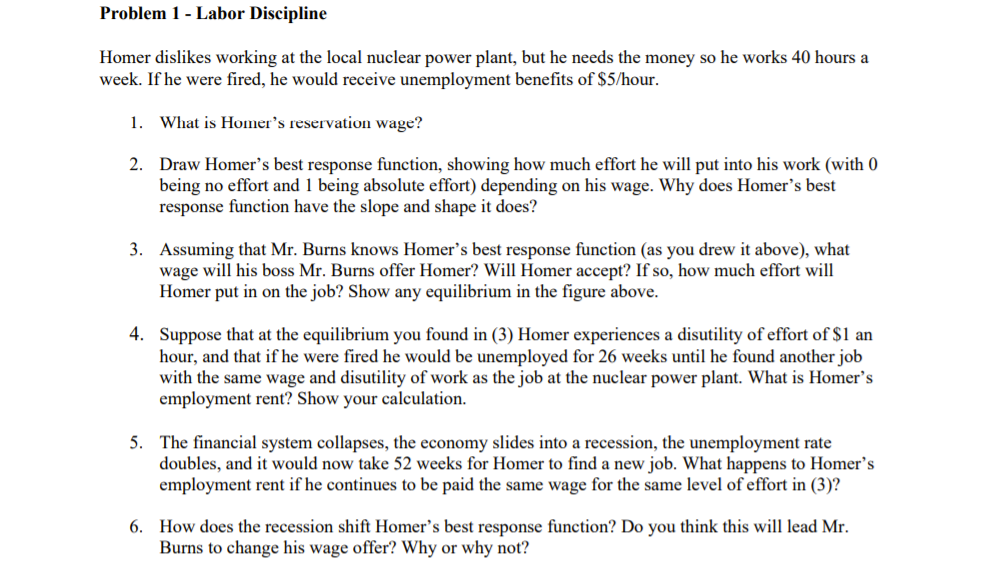 Solved Problem 1 - Labor Discipline Homer dislikes working | Chegg.com