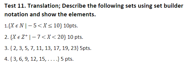 Solved Test 11. Translation; Describe the following sets | Chegg.com