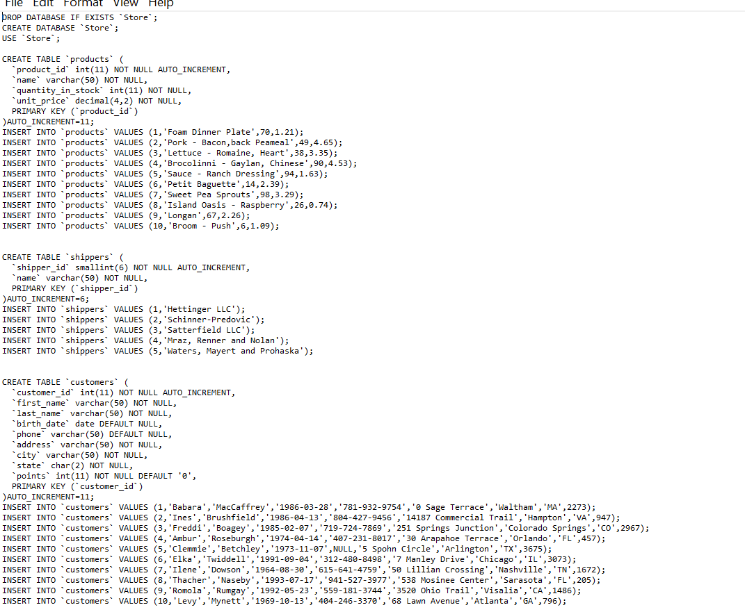Solved PROP DATABASE IF EXISTS 'Store'; CREATE DATABASE | Chegg.com