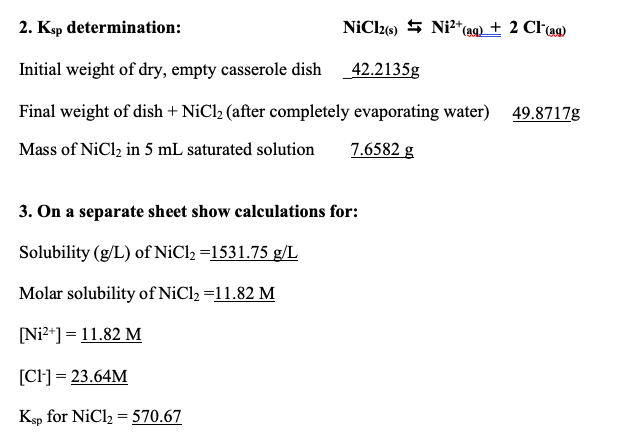 Solved 2. Ksp determination: NiCl2(s) $ Ni2+(ag) + 2 Cicag) | Chegg.com
