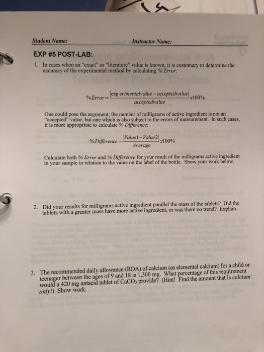 Student Name: Instructor Name: DATA (EXP #5): | Chegg.com