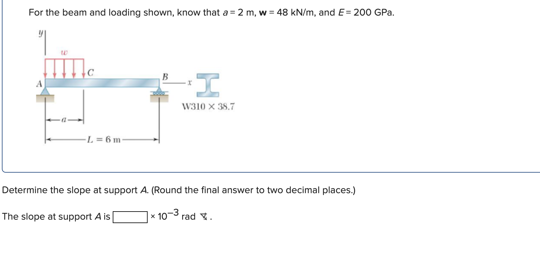 Solved For the beam and loading shown, know that a = 2 m, w | Chegg.com