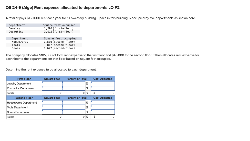 Solved QS 24-9 (Algo) Rent expense allocated to departments | Chegg.com