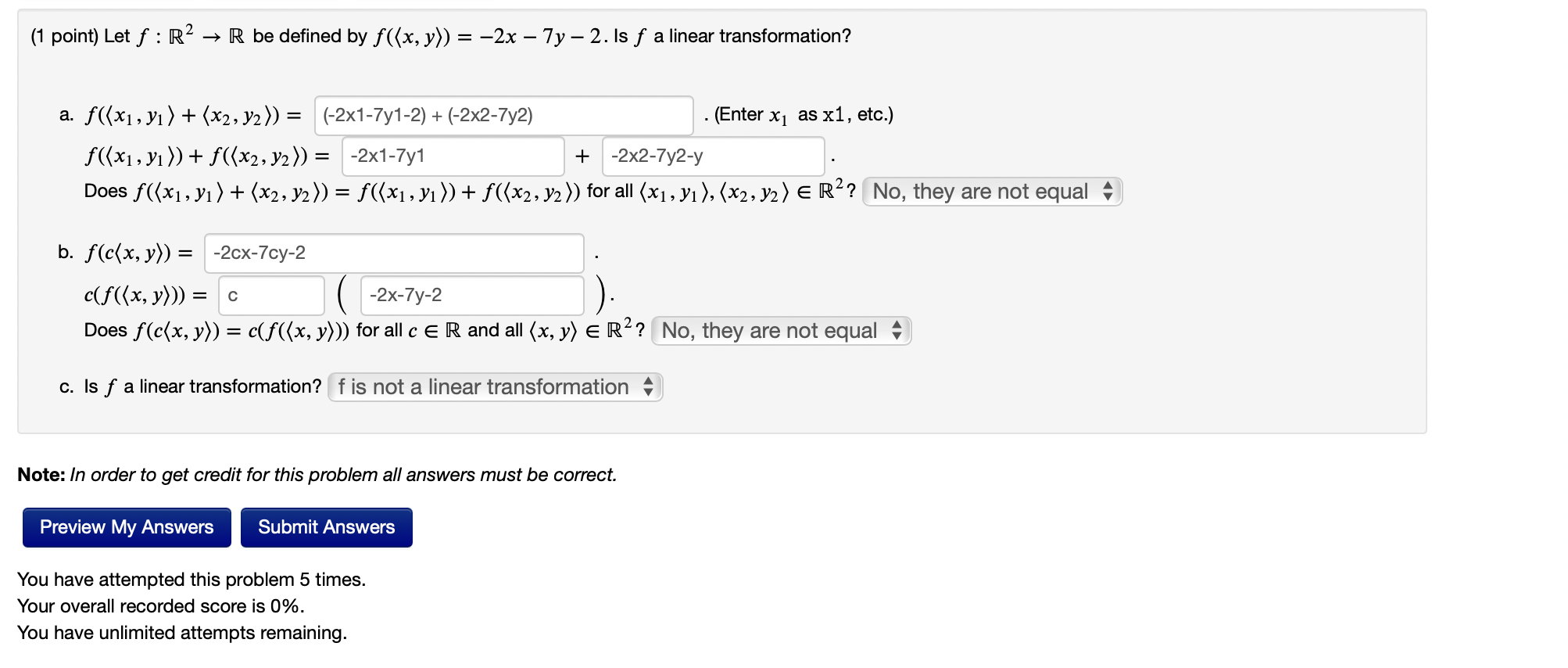 Solved (1 point) Let f: R2 → R be defined by f((x, y)) = -2x | Chegg.com