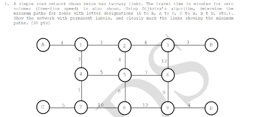 Solved 1. A simple road network shown below has two-way | Chegg.com
