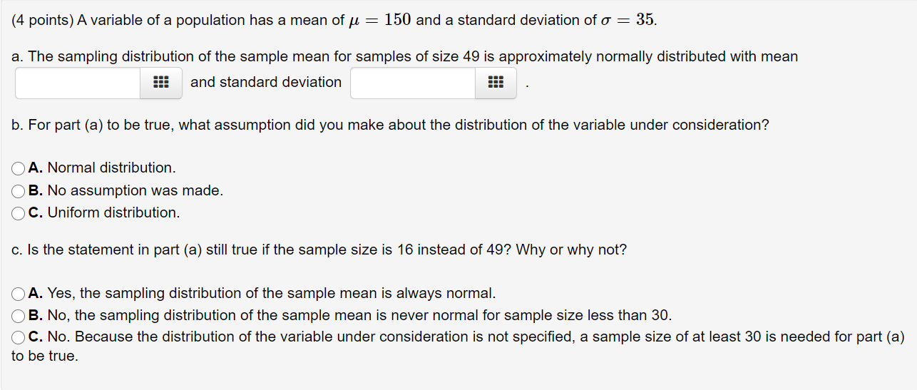 Solved (4 points) A variable of a population has a mean of u | Chegg.com
