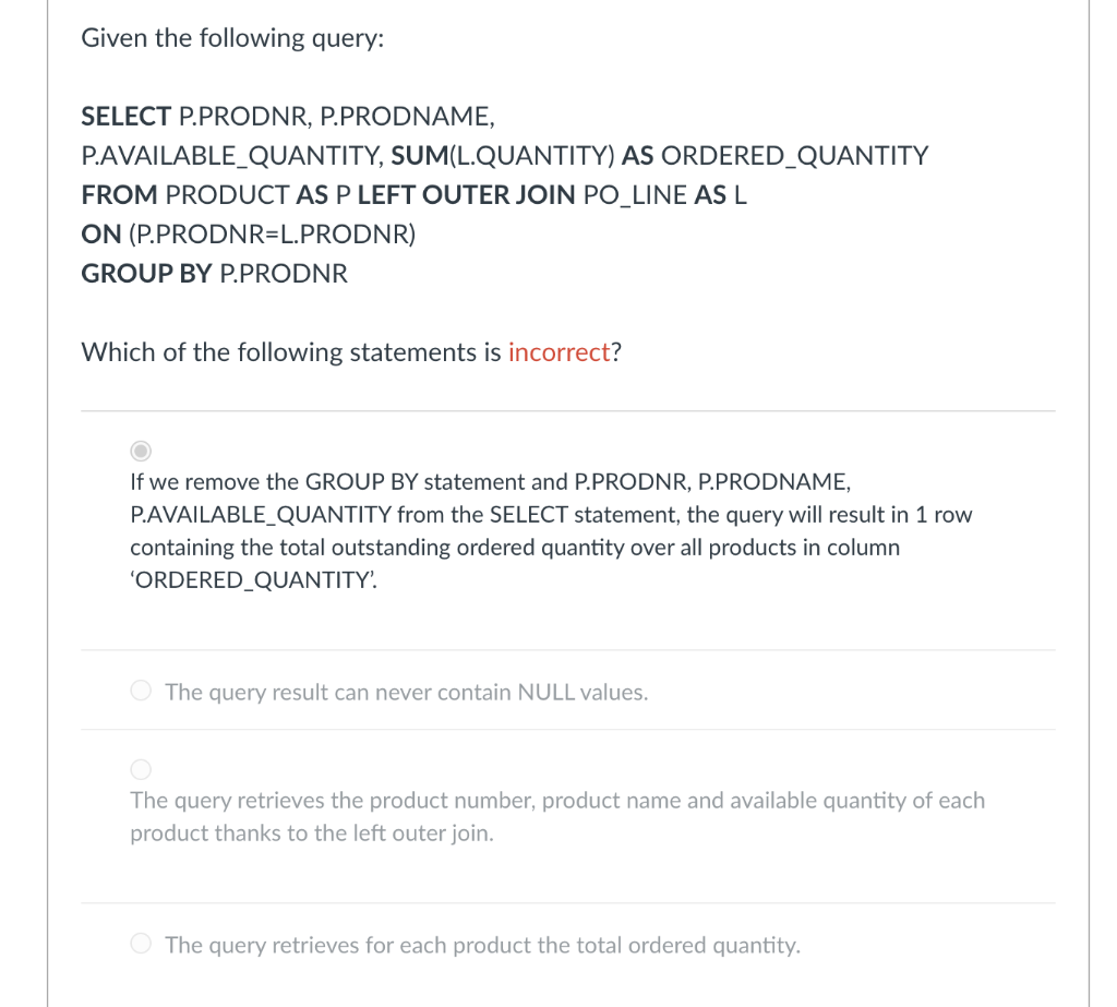 Solved Given the following query: SELECT P.PRODNR, | Chegg.com