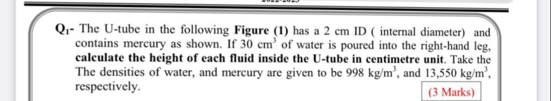 Solved contains mercury as shown. If 30cm3 ﻿of water is | Chegg.com