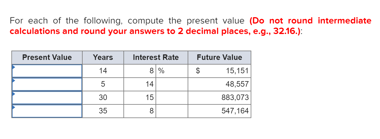 Solved For each of the following, compute the present value | Chegg.com