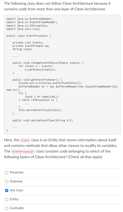 Solved The following class does not follow Clean | Chegg.com