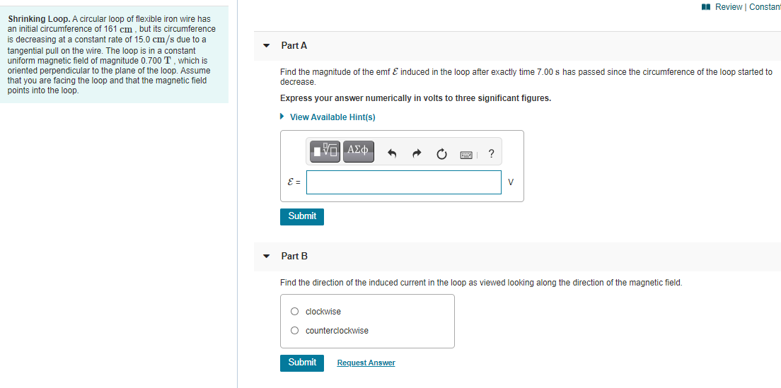 Solved A Review Constant Part A Shrinking Loop. A circular | Chegg.com
