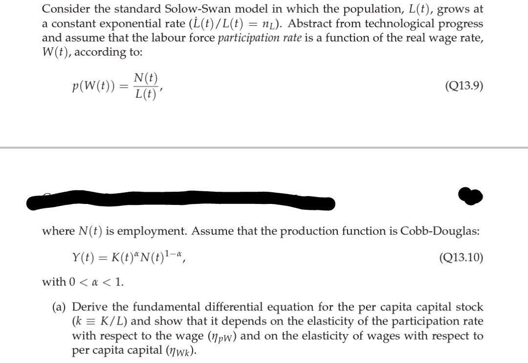 Solved == Consider the standard Solow-Swan model in which | Chegg.com