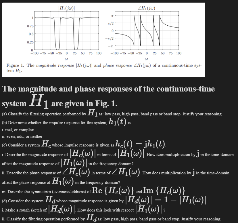 Solved Figure 1: The magnitude response ∣H1(jω)∣ and phase | Chegg.com