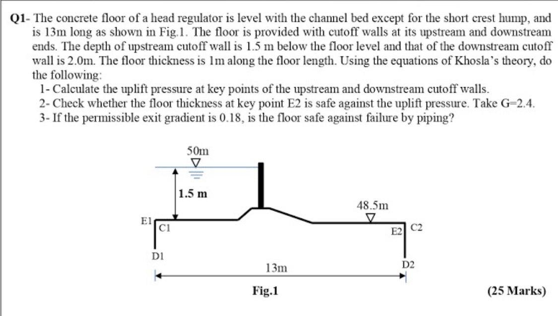 Solved Q1- The concrete floor of a head regulator is level | Chegg.com