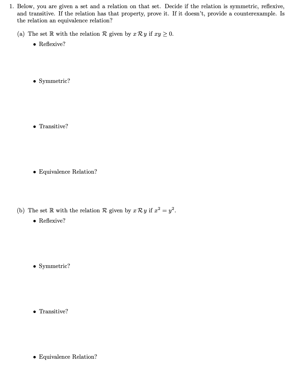 Solved 1. Below, you are given a set and a relation on that | Chegg.com