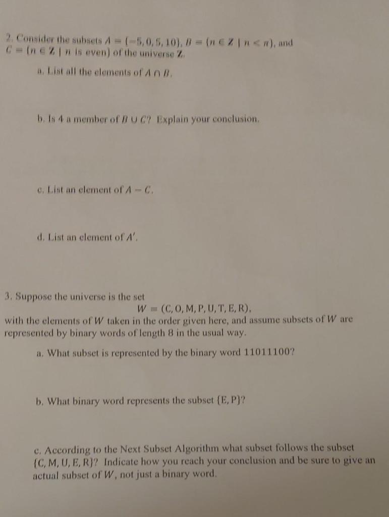 Solved 2. Consider the subsets A=(−5,0,5,10),n=(n⊂Z∣n