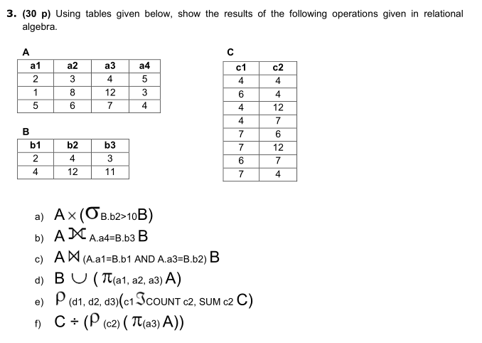 Solved 3. (30 p) Using tables given below, show the results | Chegg.com