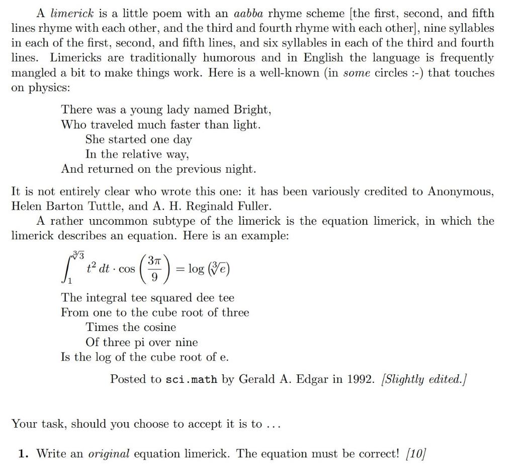 Solved A limerick is a little poem with an aabba rhyme | Chegg.com