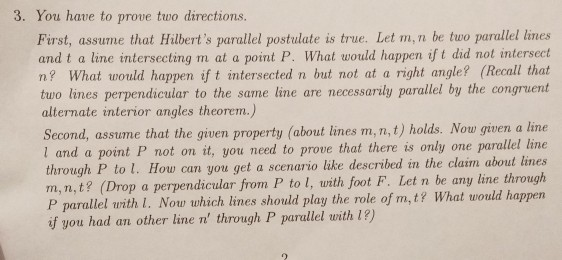 Solved 3. Prove that the Hilbert parallel postulate (for any | Chegg.com