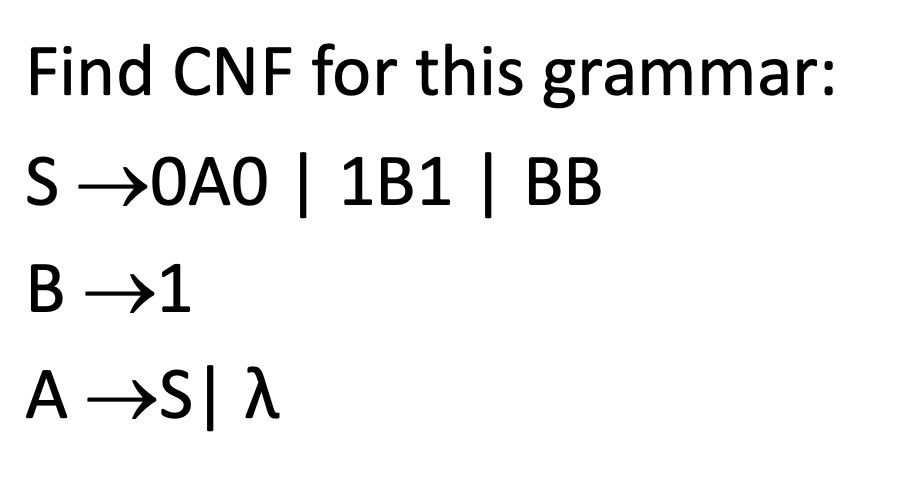 Solved Find CNF for this grammar: S >0A0 | 111 | BB B>1 A >| | Chegg.com