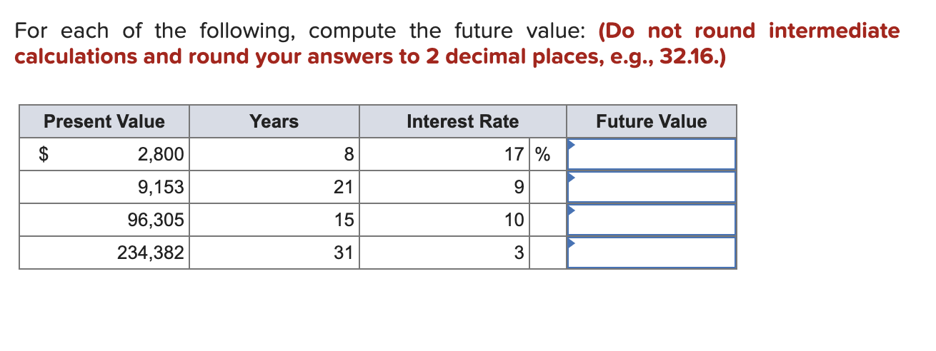 Solved For each of the following, compute the future value: | Chegg.com