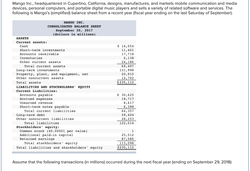 Solved Mango Inc., headquartered in Cupertino, California, | Chegg.com