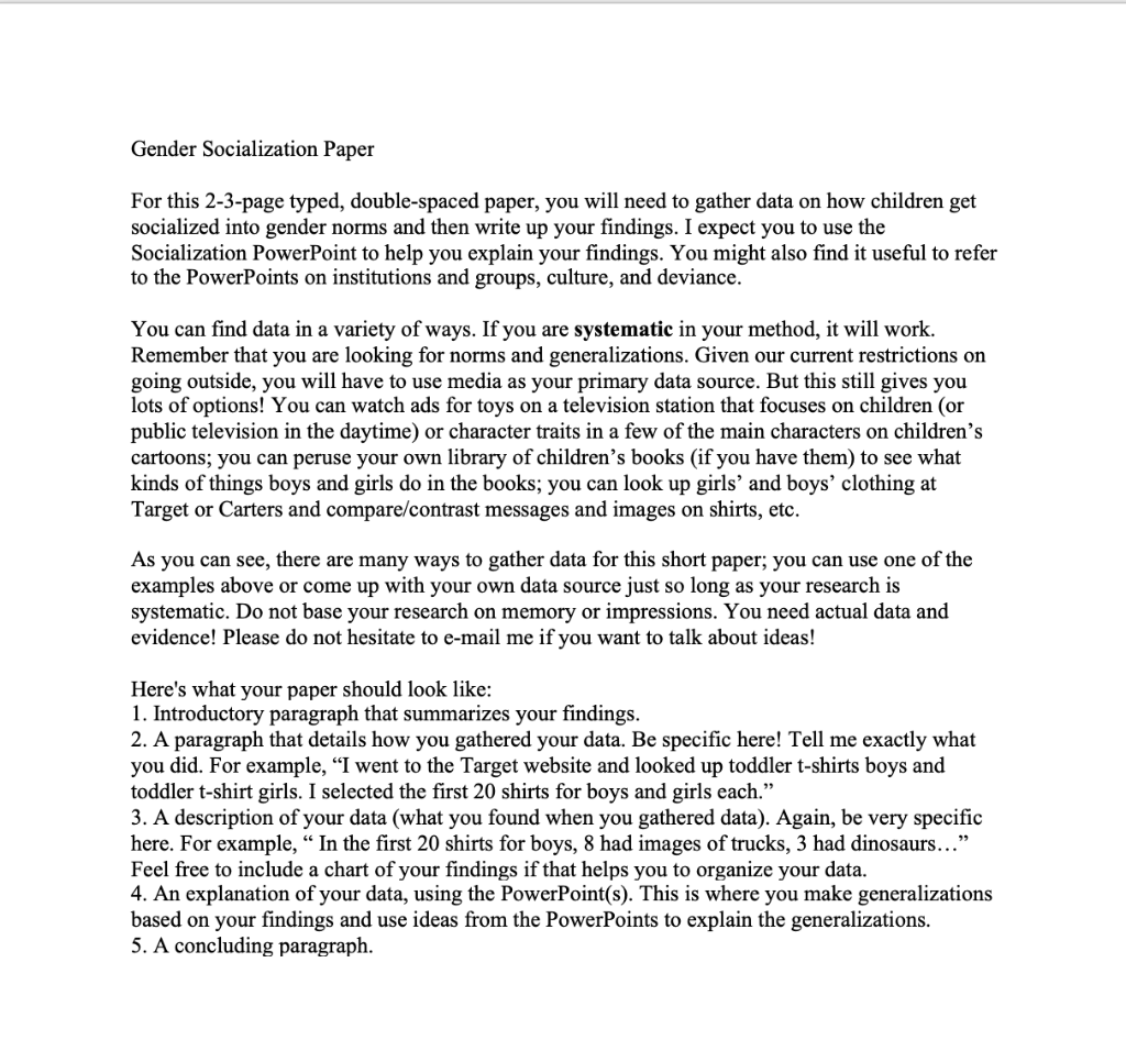 Solved Gender Socialization Paper For this 2-3-page typed, | Chegg.com