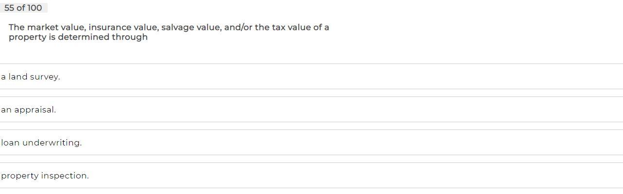 Solved 55 of 100 The market value, insurance value, salvage | Chegg.com
