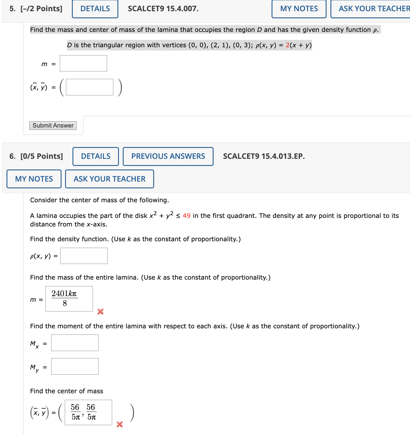 Solved 5. [-/2 Points] SCALCET9 15.4.007. Find the mass and | Chegg.com