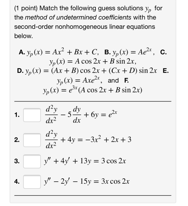 Solved (1 point) Match the following guess solutions yp for | Chegg.com