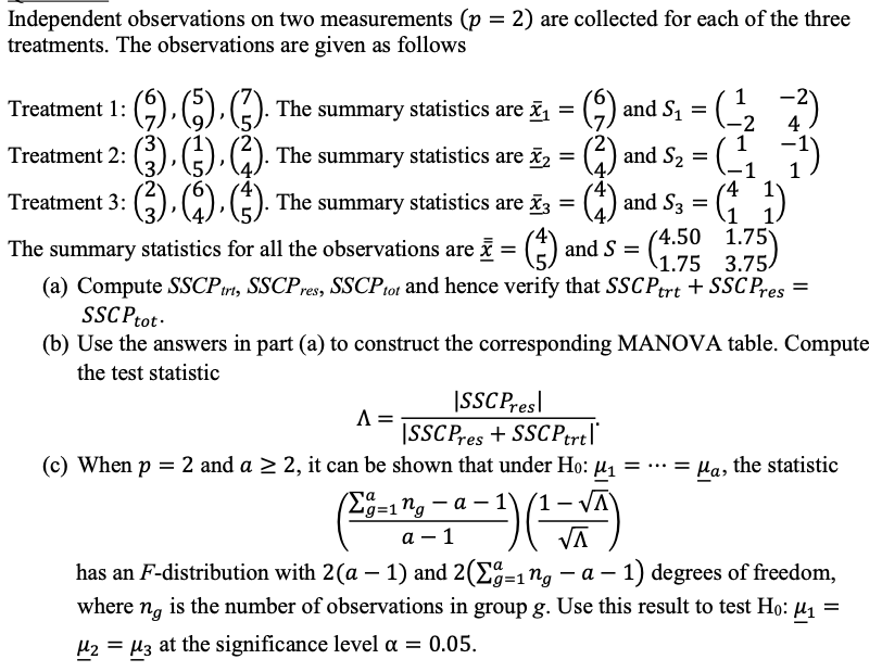 Independent observations on two measurements (p = 2) | Chegg.com