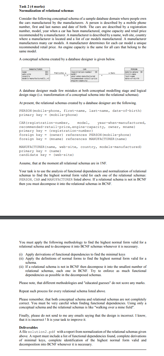 Task 2 (4 marks) Normalization of relational schemas | Chegg.com