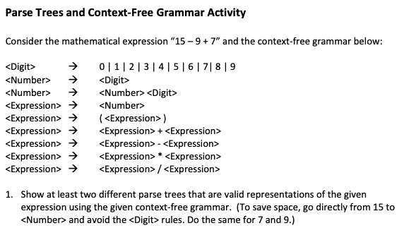 Solved Parse Trees and Context-Free Grammar Activity | Chegg.com