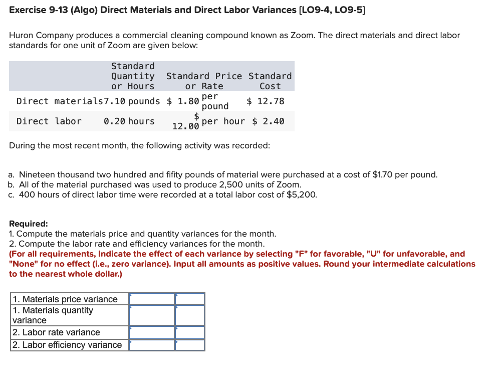 Solved Exercise 9-13 (Algo) Direct Materials and Direct | Chegg.com