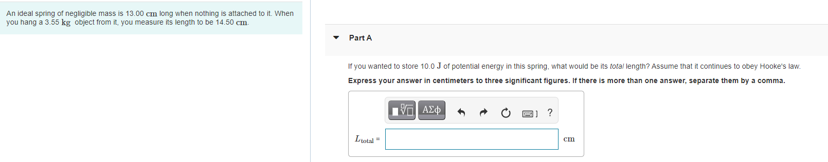 Solved An Ideal Spring Of Negligible Mass Is 13 00 Cm Long
