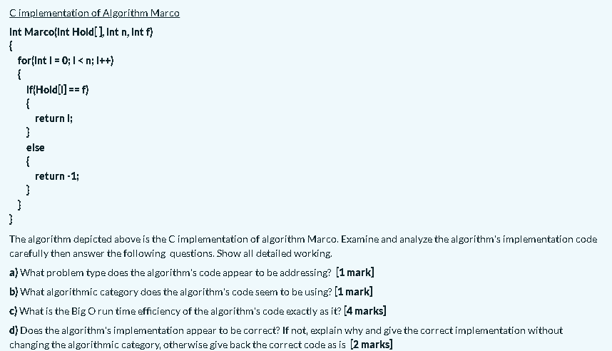 Solved Cimplementation of Algorithm Marco Int Marco(lnt | Chegg.com