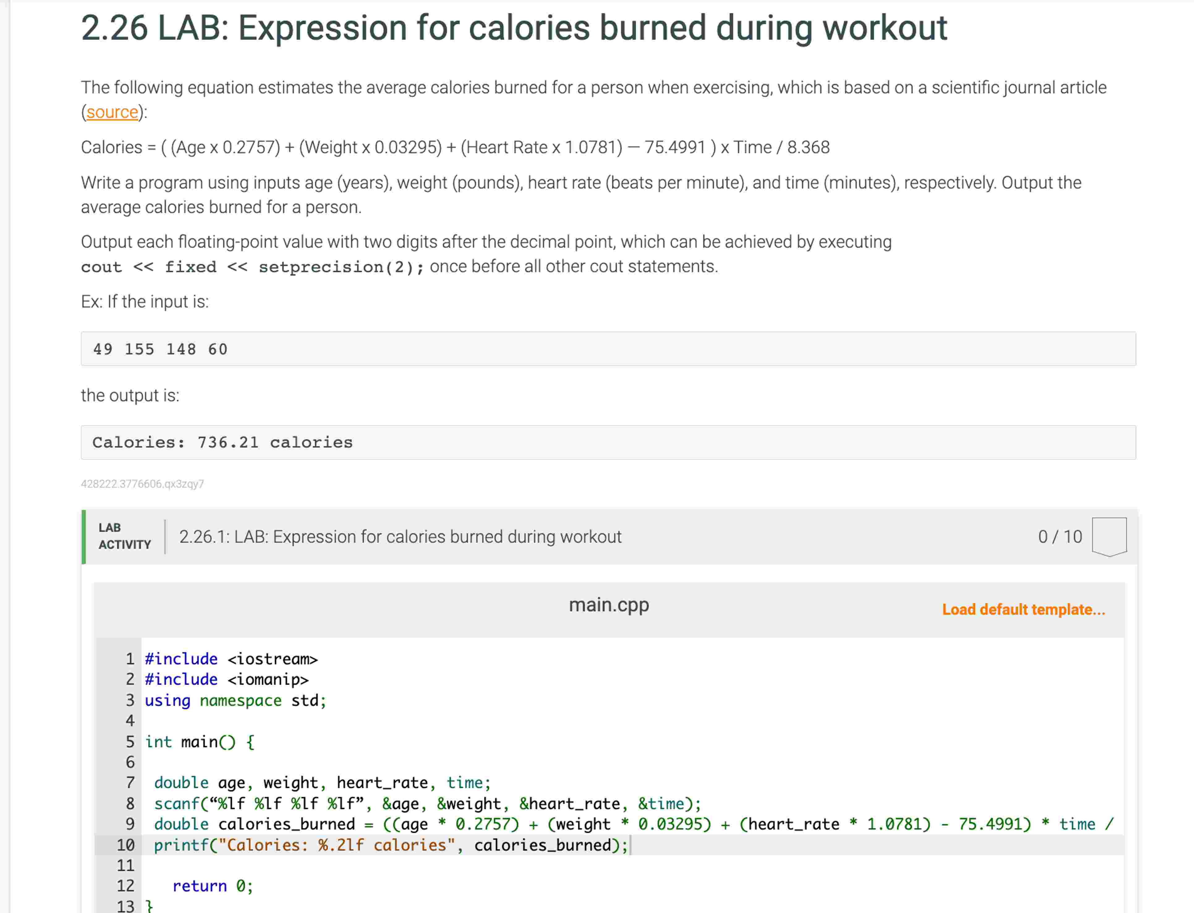 Solved 2.26 ﻿LAB: Expression for calories burned during | Chegg.com