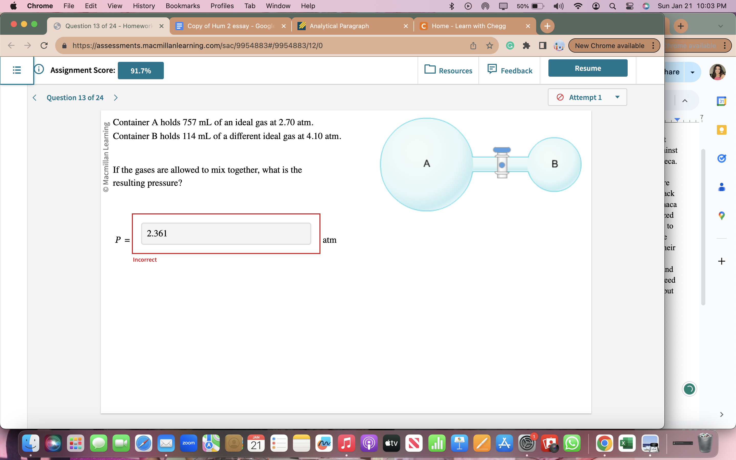 Solved Container A holds 757mL ﻿of an ideal gas at 2.70 | Chegg.com