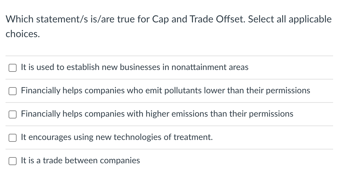 Solved Which statement/s is/are true for Cap and Trade | Chegg.com