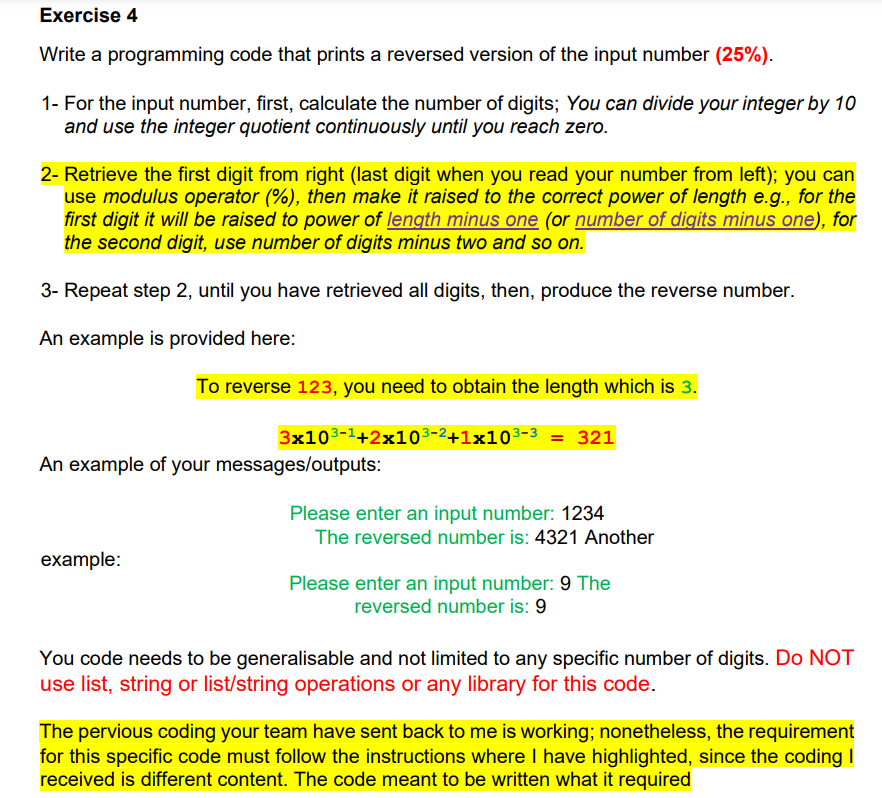 Solved Write a programming code that prints a reversed | Chegg.com