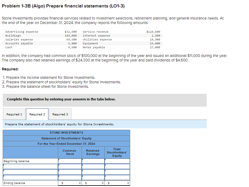 Solved Problem 1-3B (Algo) Prepare financial statements | Chegg.com