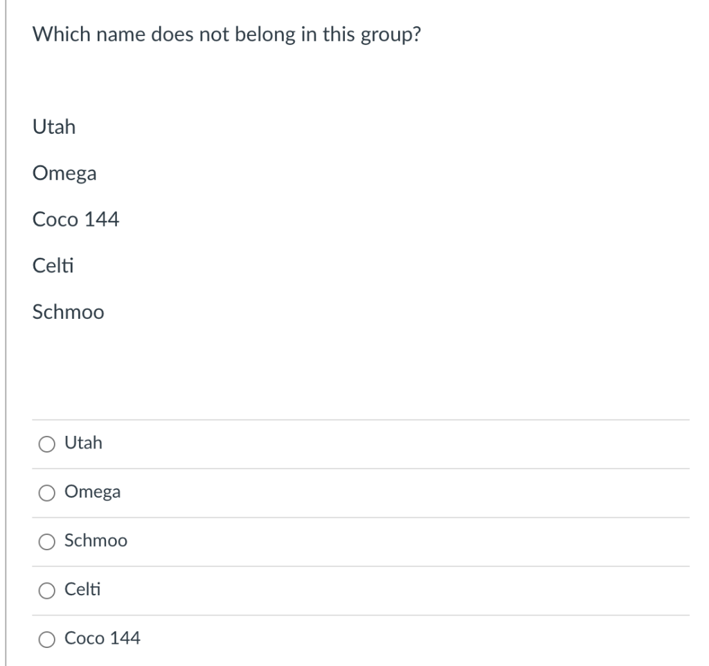 Solved Which name does not belong in this group? Utah Omega | Chegg.com