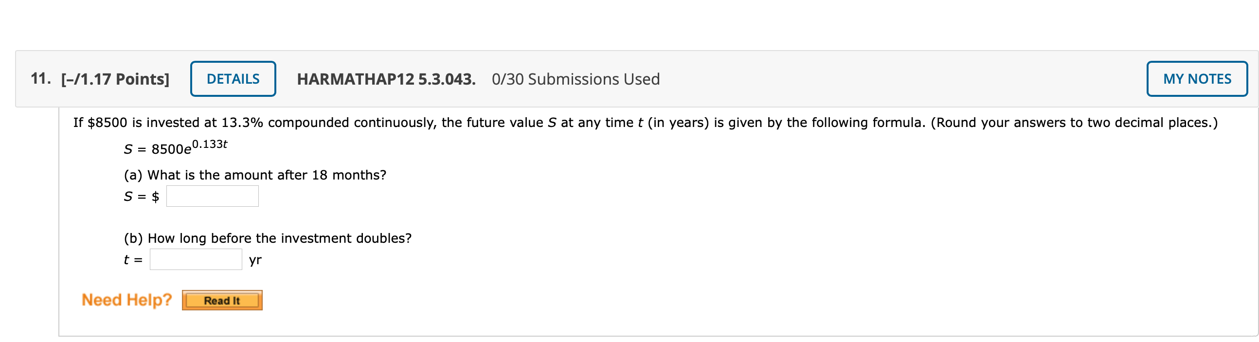 Solved 11. [-/1.17 Points] DETAILS HARMATHAP12 5.3.043. 0/30 | Chegg.com