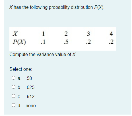 Solved X has the following probability distribution P(X). X | Chegg.com
