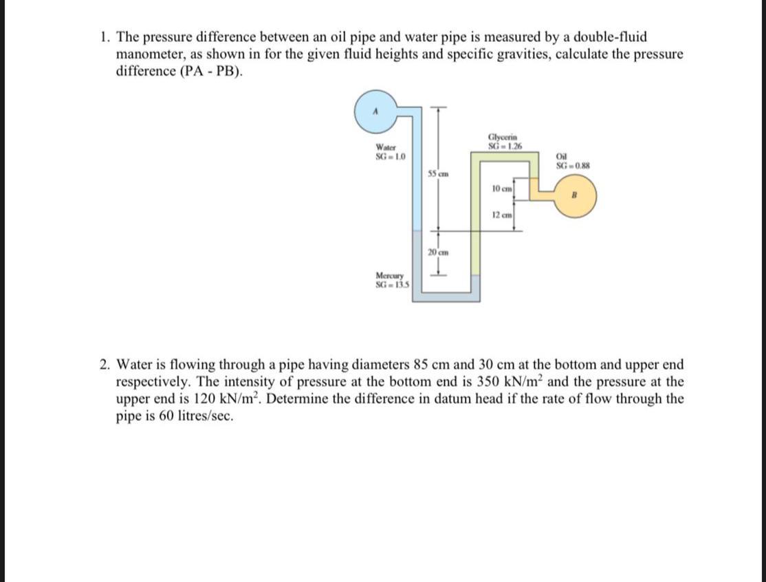 Solved 1. The pressure difference between an oil pipe and | Chegg.com