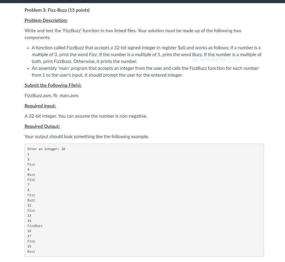 Solved Problem 3: Fizz-Buzz (15 points) Problem Description: | Chegg.com