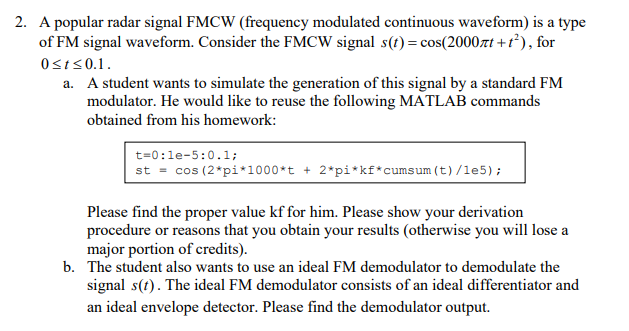 2. A popular radar signal FMCW (frequency modulated | Chegg.com