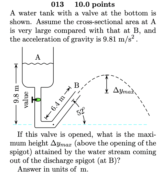 Solved 01310.0 points A water tank with a valve at the | Chegg.com