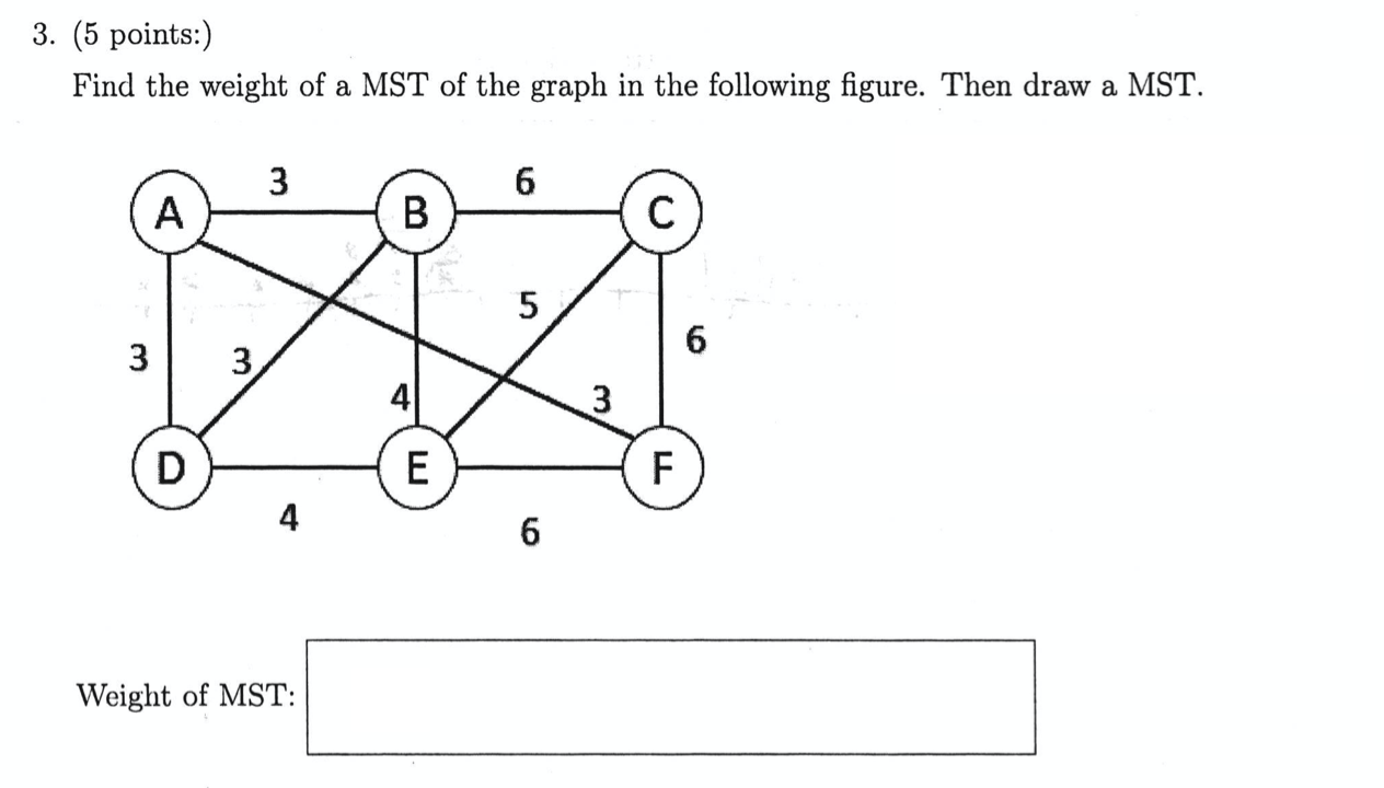 Solved 3. (5 points:) Find the weight of a MST of the graph | Chegg.com