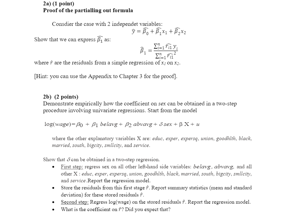 2a) (1 point) Proof of the partialling out formula | Chegg.com